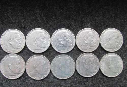 Монеты Гинденбург, 1936,1938 г.г., пятерки,серебро