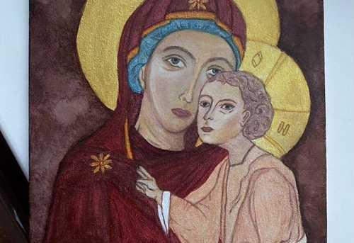 Рукописная икона Богородицы с младенцем