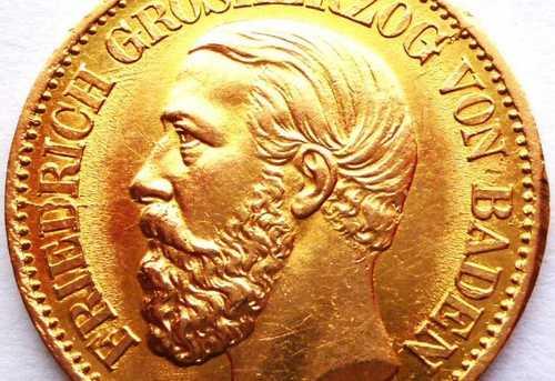 Золото 10 марок 1872 Баден Германия Отличная