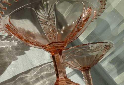 Антикварное розовое стекло фруктовница ваза
