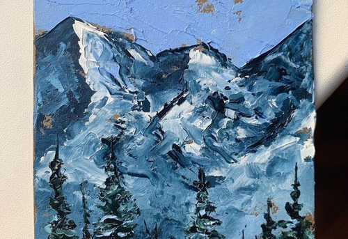 Картина маслом зима в горах горный пейзаж Домбай