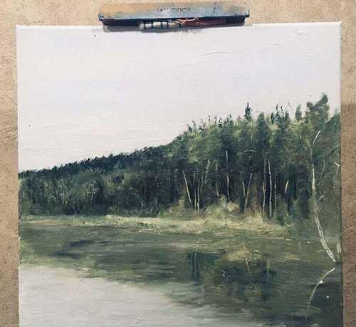 Картина маслом на холсте пейзаж поле озеро сосна