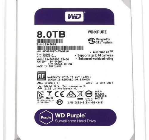 Жесткий диск WD Purple WD80purz, 8тб, HDD, SATA II