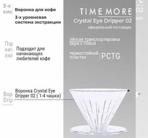 Воронка для заваривания кофе Timemore Crystal Eye 02, пластиковая, прозрачная