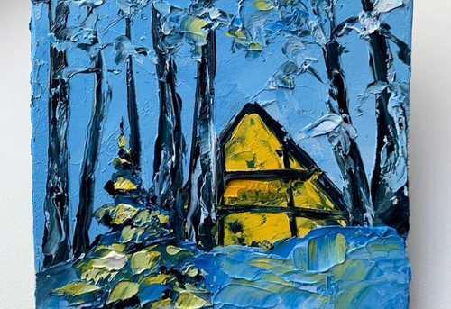 Картина маслом зимнрй пейзаж домик в лесу сосны