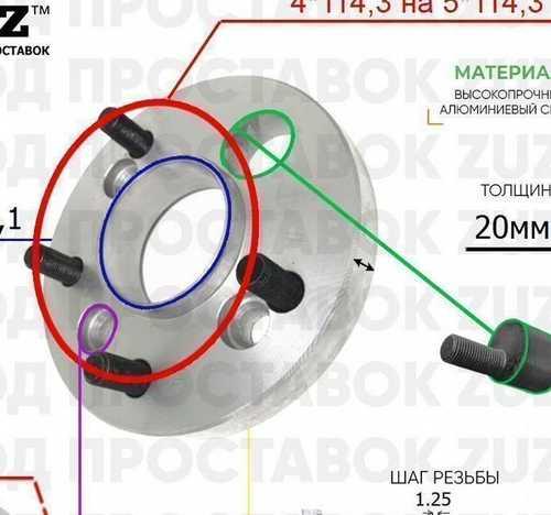 Проставка колёсная 1 шт 20мм 4*114,3 на 5*114,3 цо