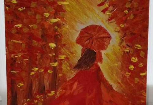 Картина маслом пейзаж Девушка в красном