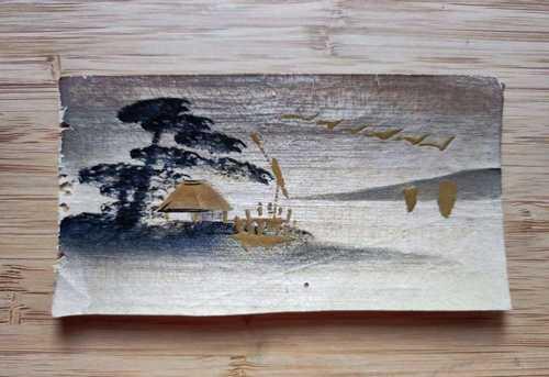 Деревянная открытка Япония начало 20 века Vintage