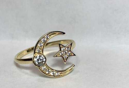 Золотое кольцо Луна и Звезда с фианитами
