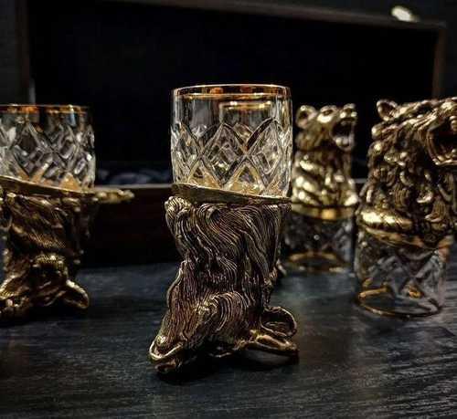 Стопки перевёртыши, латунь, золото, хрусталь