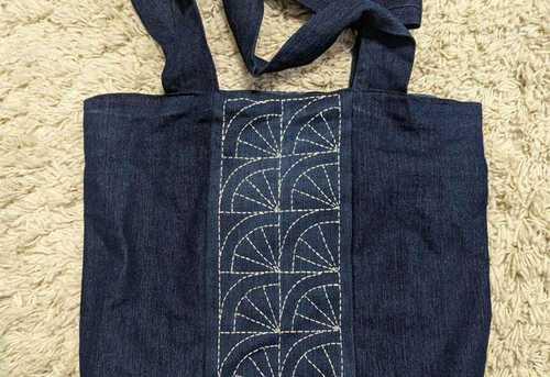 Джинсовая сумка- шоппер с вышивкой сашико