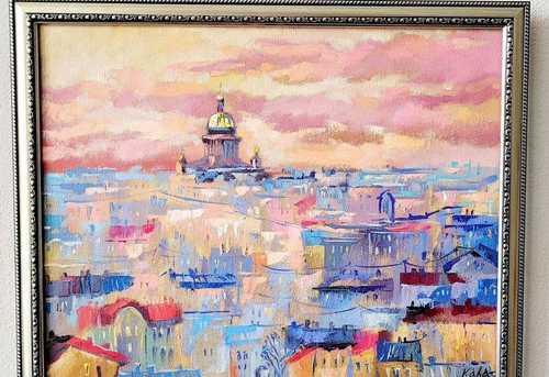 Картина маслом на холсте крыши Петербурга