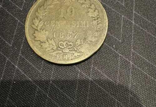 Монета Италия 10 сентесим 1867