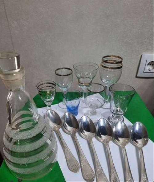 Ложки десертные рюмки графин старинные