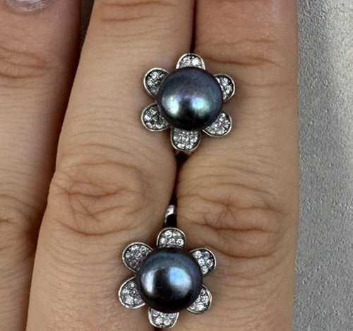 Серебряные серьги с жемчугом Таити
