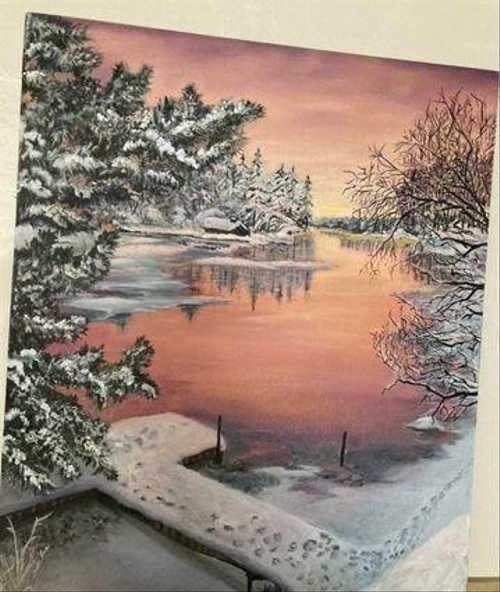 Картина маслом зимний пейзаж Озеро в лесу