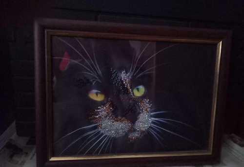 Картина "Черный кот"вышита бисером.Ручная работа