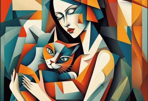 Картина в стиле кубизм "Женщина с кошкой"