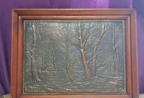 Старинная картина Панно рельеф медь Магический лес