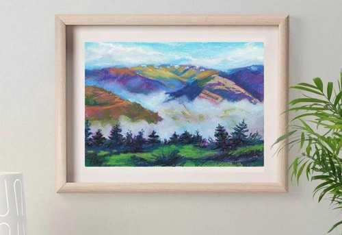 Картина Туман в горах 30*21 Горный пейзаж пастель