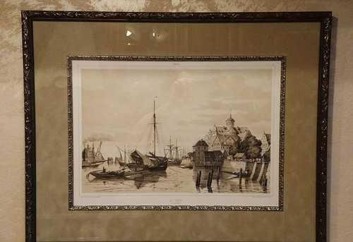 Старинная гравюра 1848 года Андре Дюран "Порт"