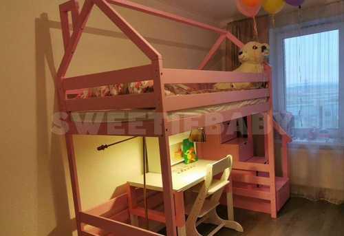 Детская кровать-домик Чердак с лестницей комодом