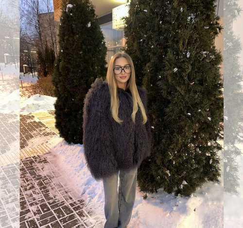 Шуба over size натуральный мех ламы графит серый