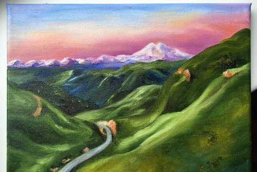 Картина маслом пейзаж Эльбрус горы домбай