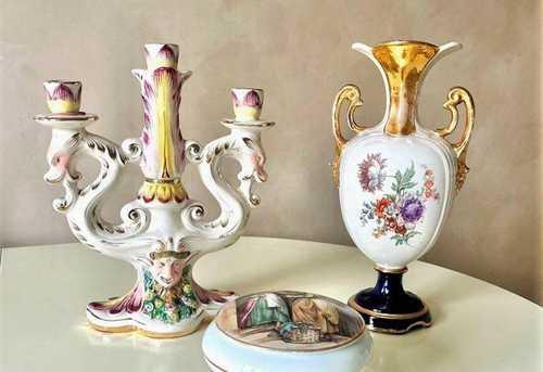 Фарфоровый канделябр ваза шкатулка Capodimonte