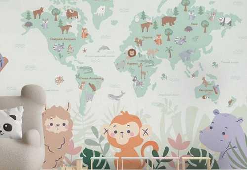 Детские фотообои "Карта мира с зверюшками"