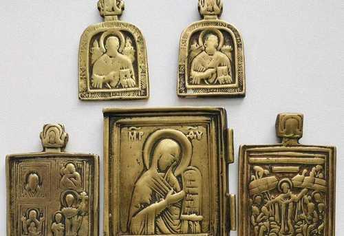 Меднолитые иконы 5 штук Богоматерь, Николай и пр