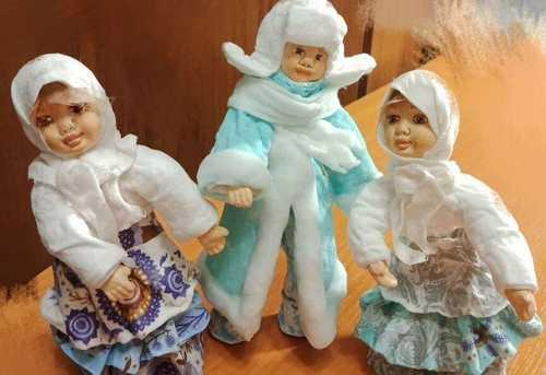 Ватные ёлочные игрушки куклы, три куклы набор