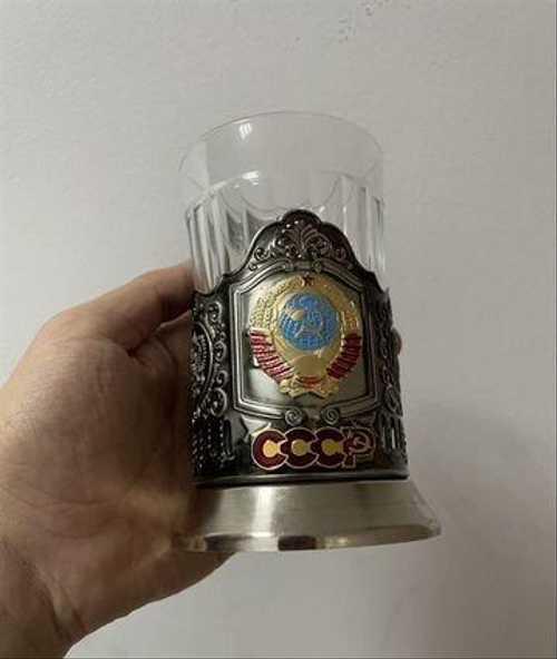 Подстаканник герб СССР эмаль со стаканом