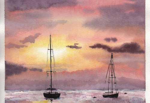 Акварель картина "Море на закате"