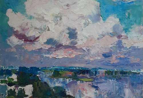 Картина маслом на холсте пейзаж 'Облако над рекой'