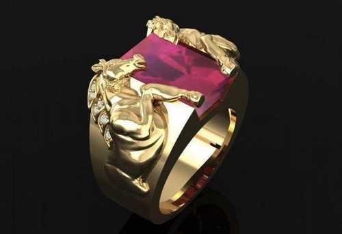 Золотое кольцо с рубином лошадь