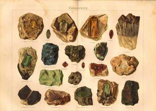 Литография. Минералы. Драгоценные камни. 19 век