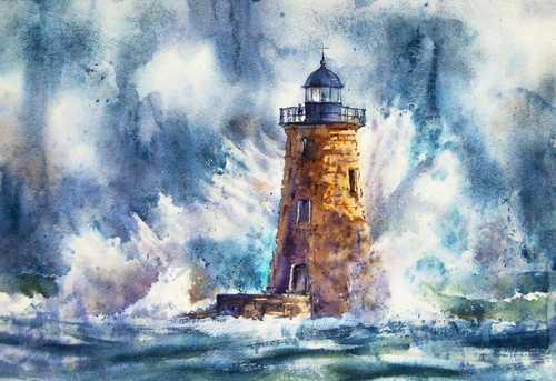 Картина акварелью маяк "Шторм"