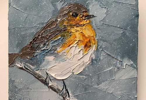 Картина маслом птичка на ветке лес в снегу
