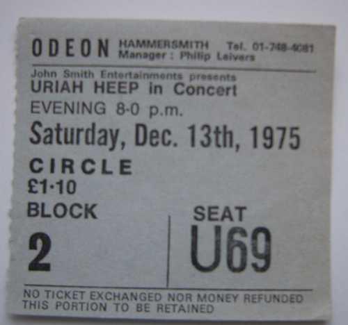 Корешок билета uriah heep 1975 Ticket stub