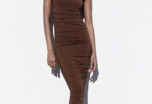 Шикарное платье со сборками коричневое zara S