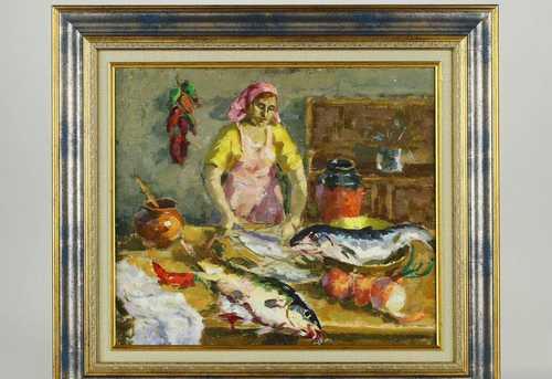 Картина "Разделка рыбы", 1978, Шахназаров, жанризм