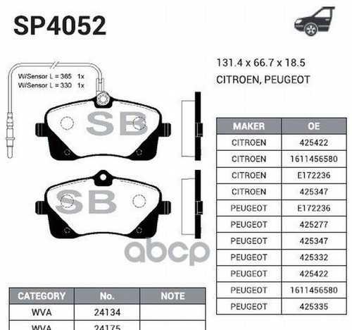 Комплект тормозных колодок, дисковый тормоз SP4052