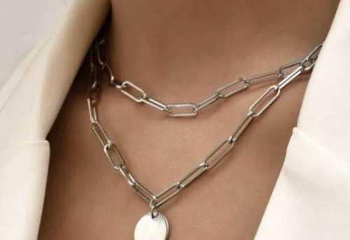 Чокер с подвеской, двойное серебристое ожерелье