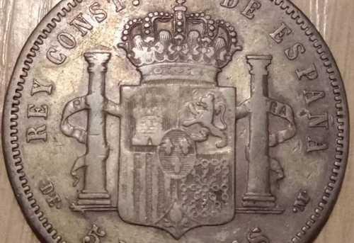 Серебряная монета 5 песет 1890 года Испания, DEM