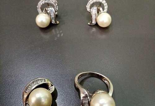 Серебряные серьги с жемчугом, кулон, кольцо