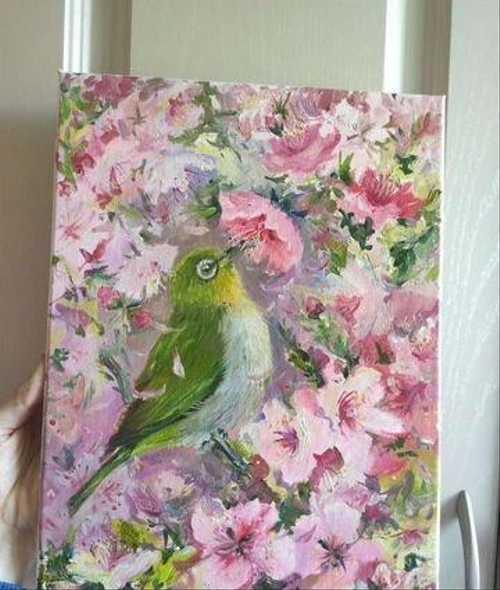 Птица в цветущем саду картина маслом