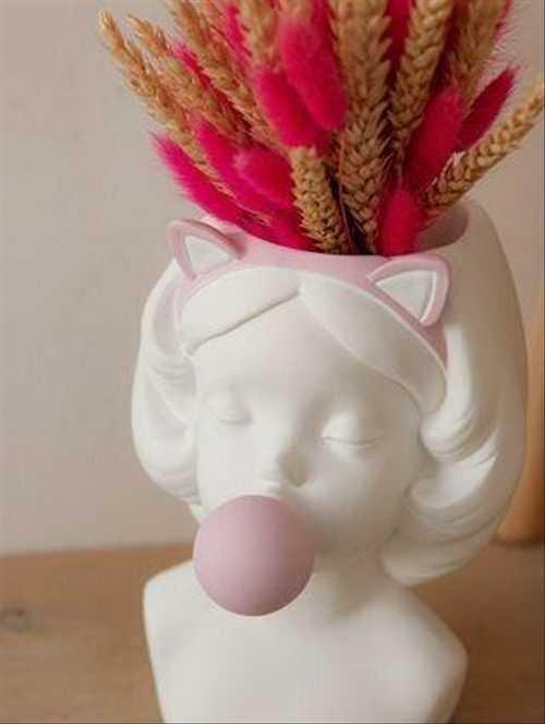 Кашпо Мия белая с розовым ободком и шариком
