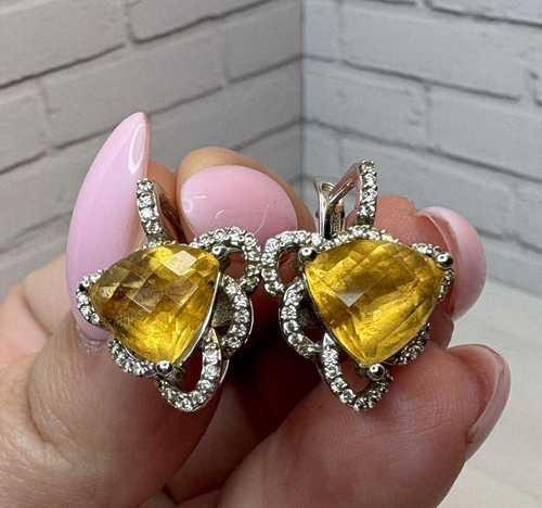 Серьги белое золото, цитрины и фианиты