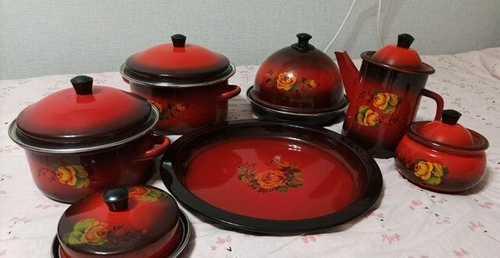 Набор эмалированной посуды - Красная, Цветы
